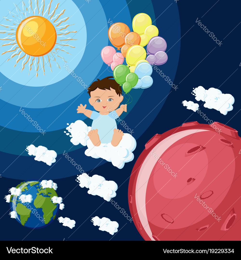 Baby boy dreams to fly mars on clouds Royalty Free Vector
