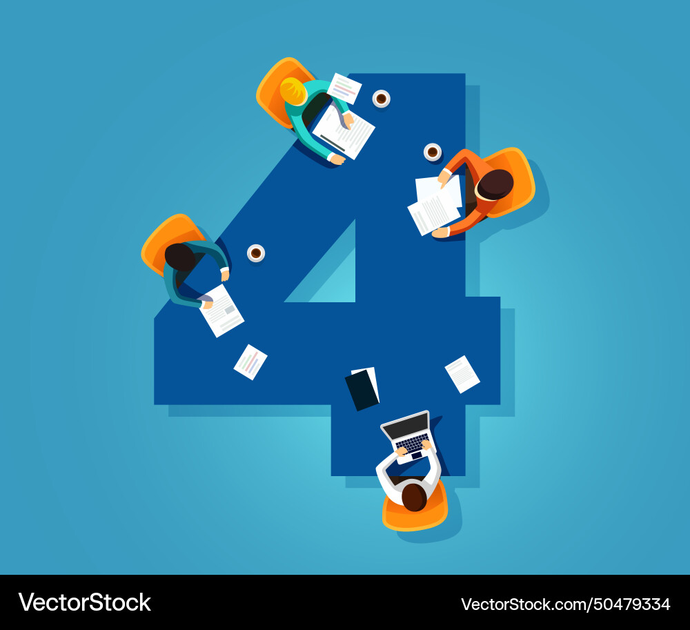 Number 4 team works together at a table Royalty Free Vector