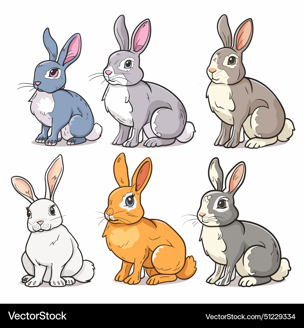 Six cartoon rabbits various colors poses Vector Image