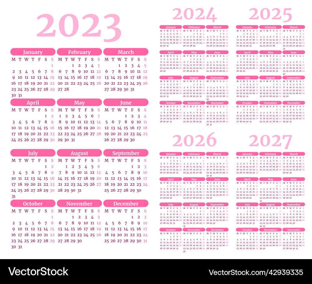 Monthly Calendar Templates 2023-2027 Royalty Free Vector