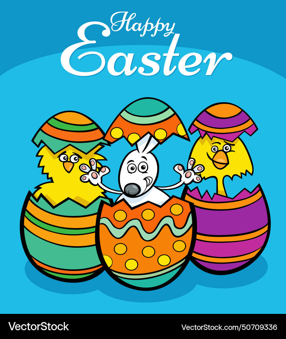 Cartoon easter bunny and chicks hatched from eggs Vector Image