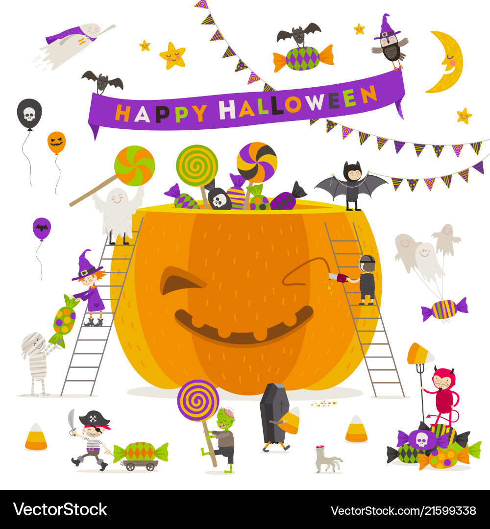 Halloween group active characters around Vector Image