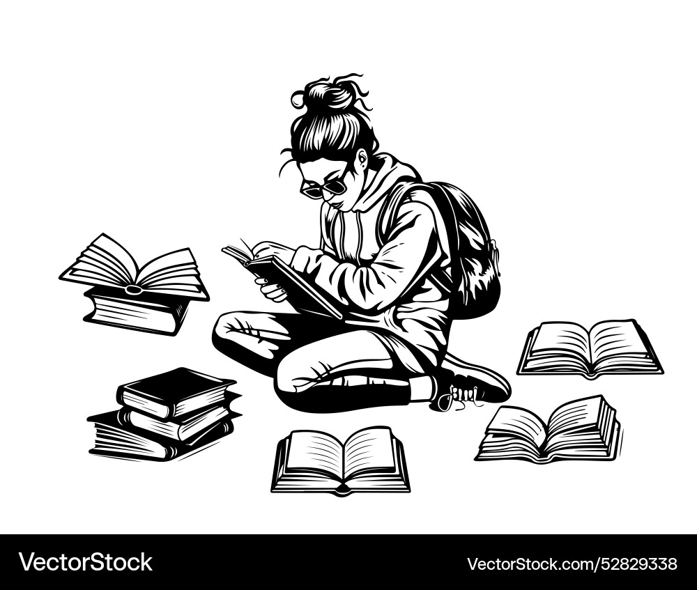 Hand drawn of girl reading Royalty Free Vector Image