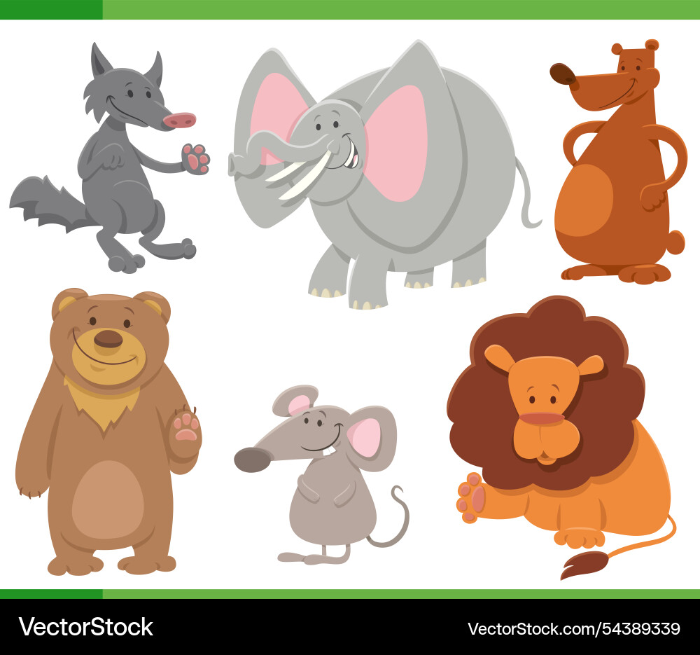Cute cartoon wild animals species characters set Vector Image