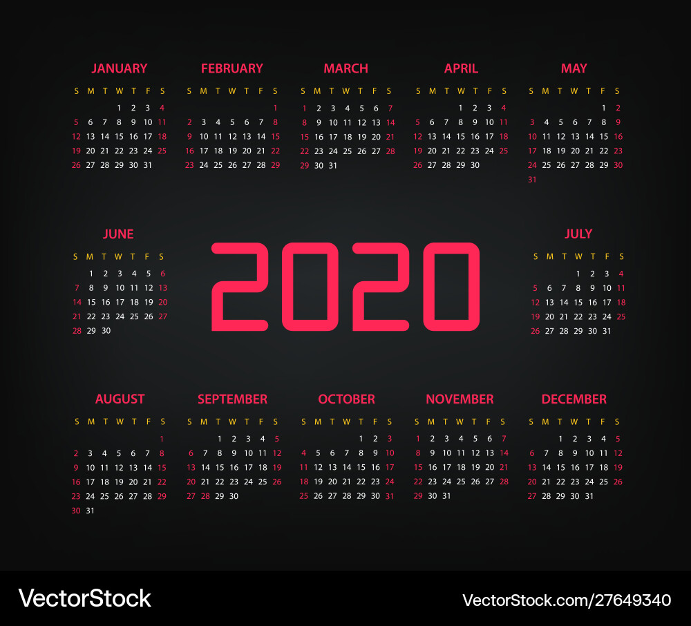 2020 year calendar template Royalty Free Vector Image