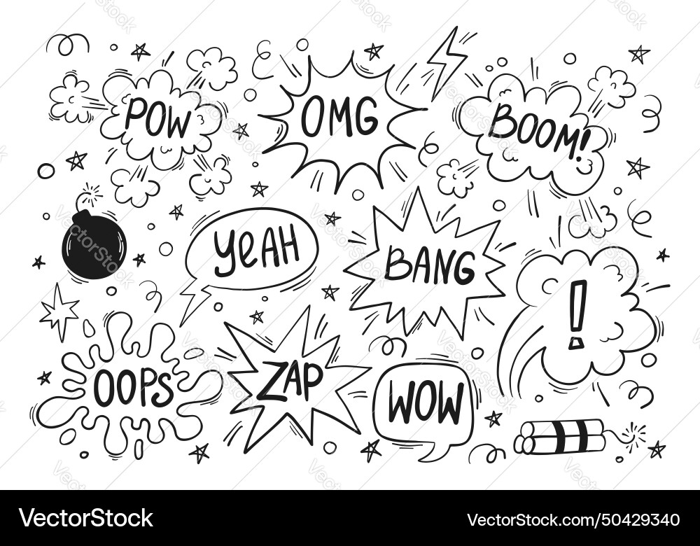 Hand drawn set of comics bombs and explosions Vector Image