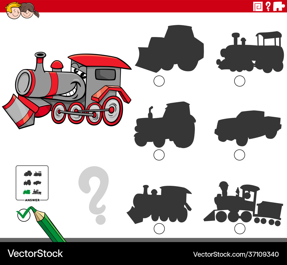 Shadows task with cartoon locomotive character Vector Image