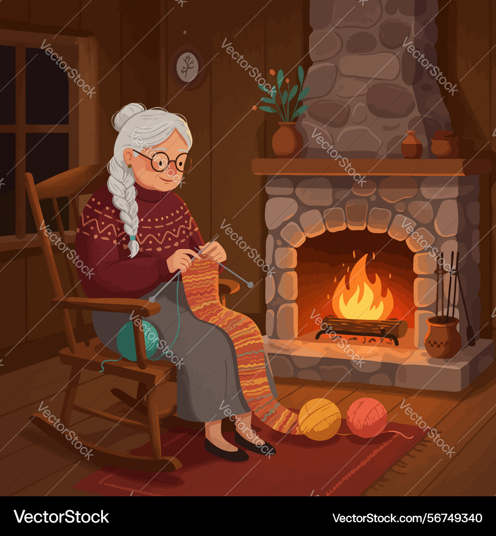 Woman knitting by fireplace creating cozy warmth Vector Image