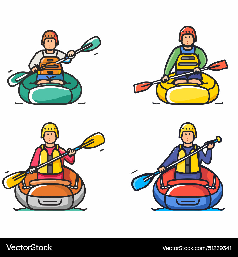 Four cartoon people kayaking different color life Vector Image