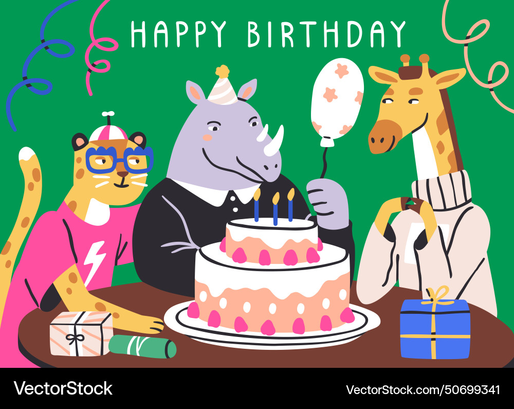 Happy birthday card design funny wild animals Vector Image