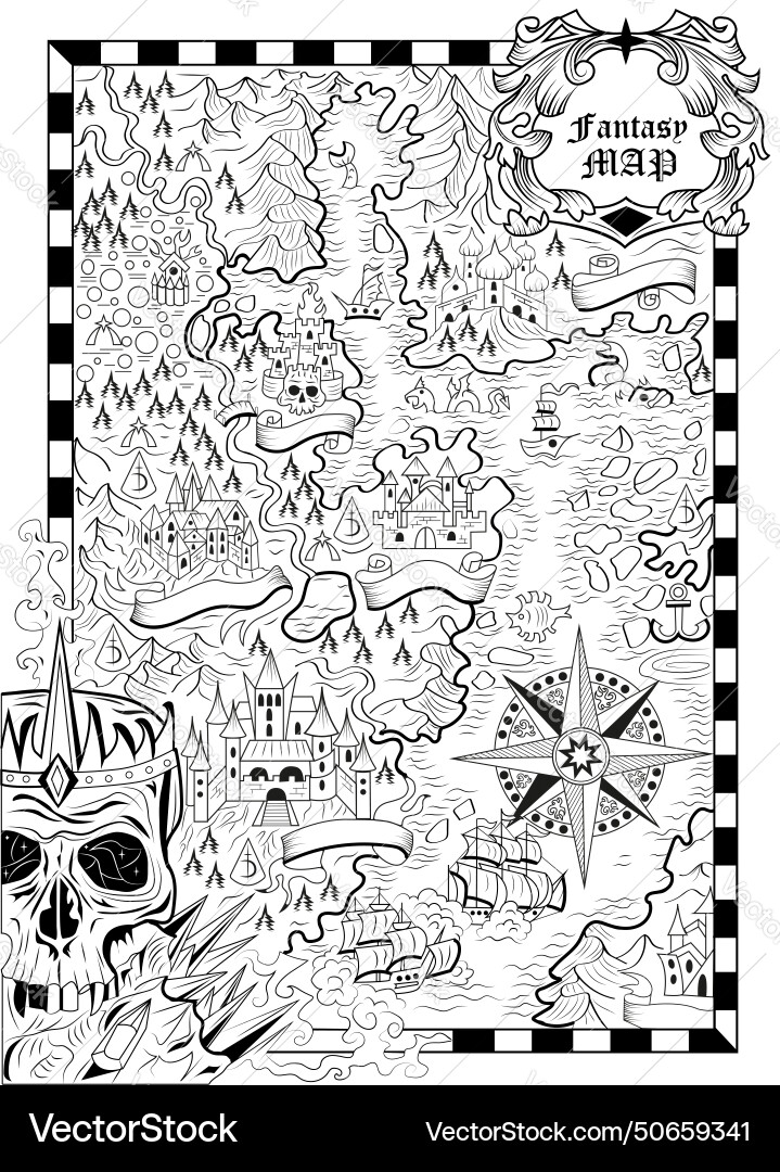 Line art fantasy map with unknown land Royalty Free Vector