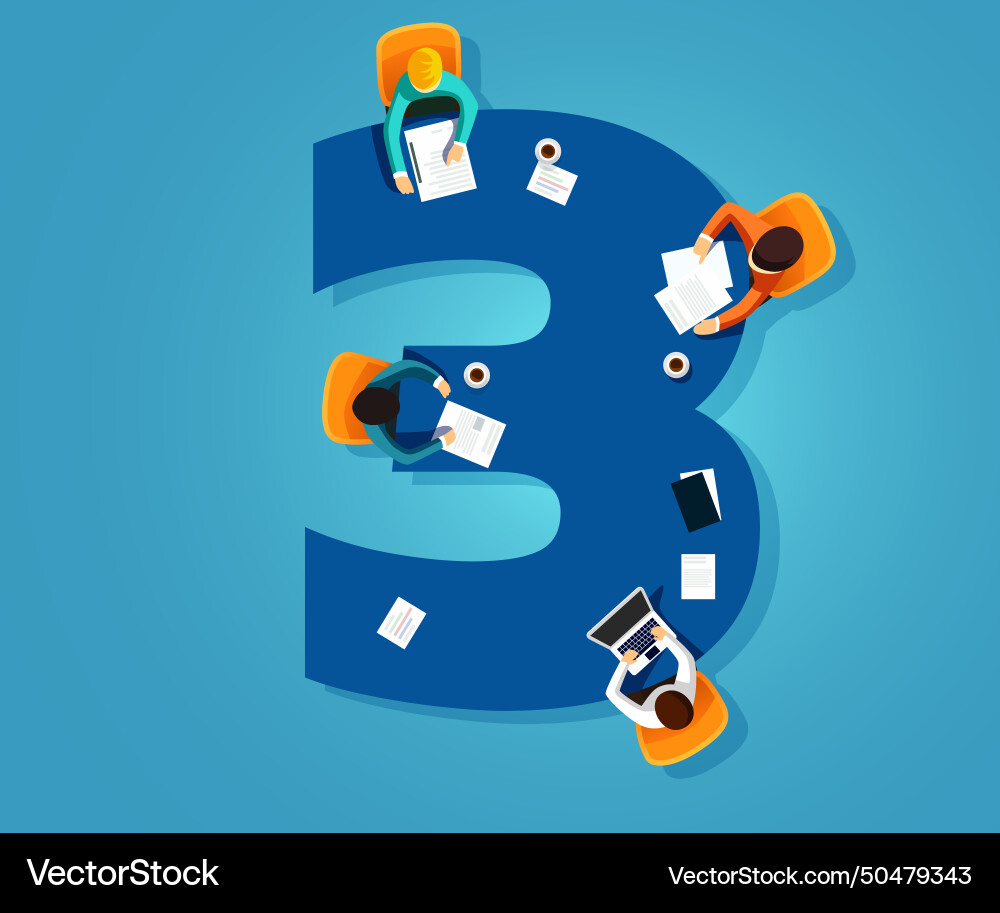 Number 3 team works together at a table Royalty Free Vector