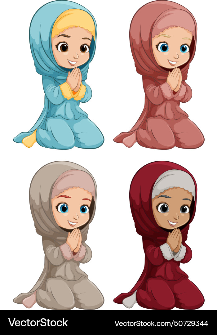 Four animated kids in hijabs praying peacefully Vector Image