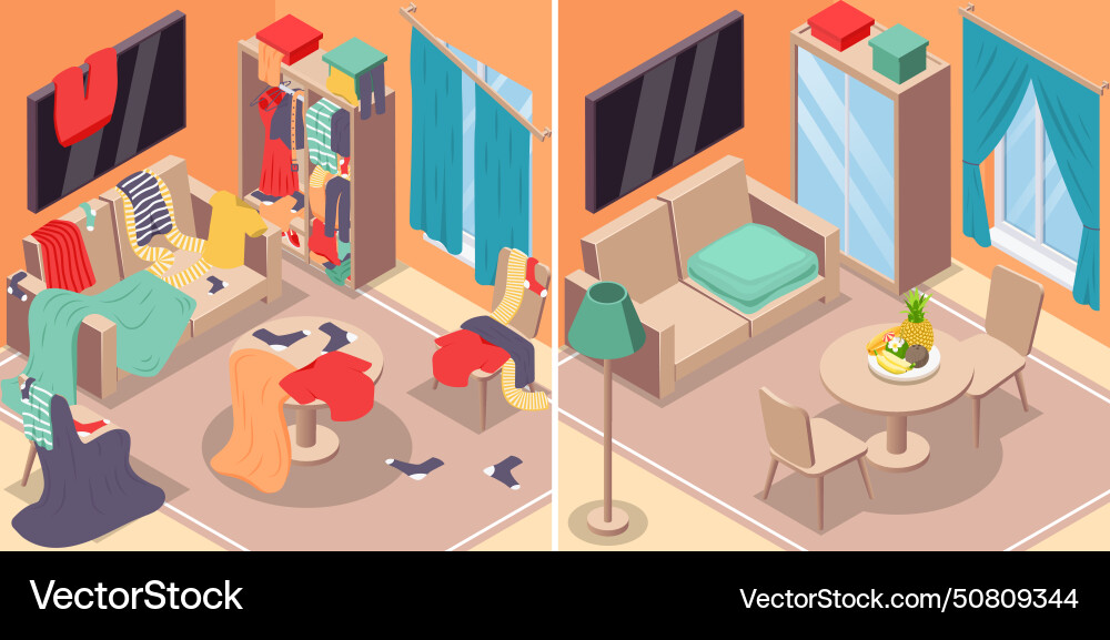Messy room isometric set Royalty Free Vector Image