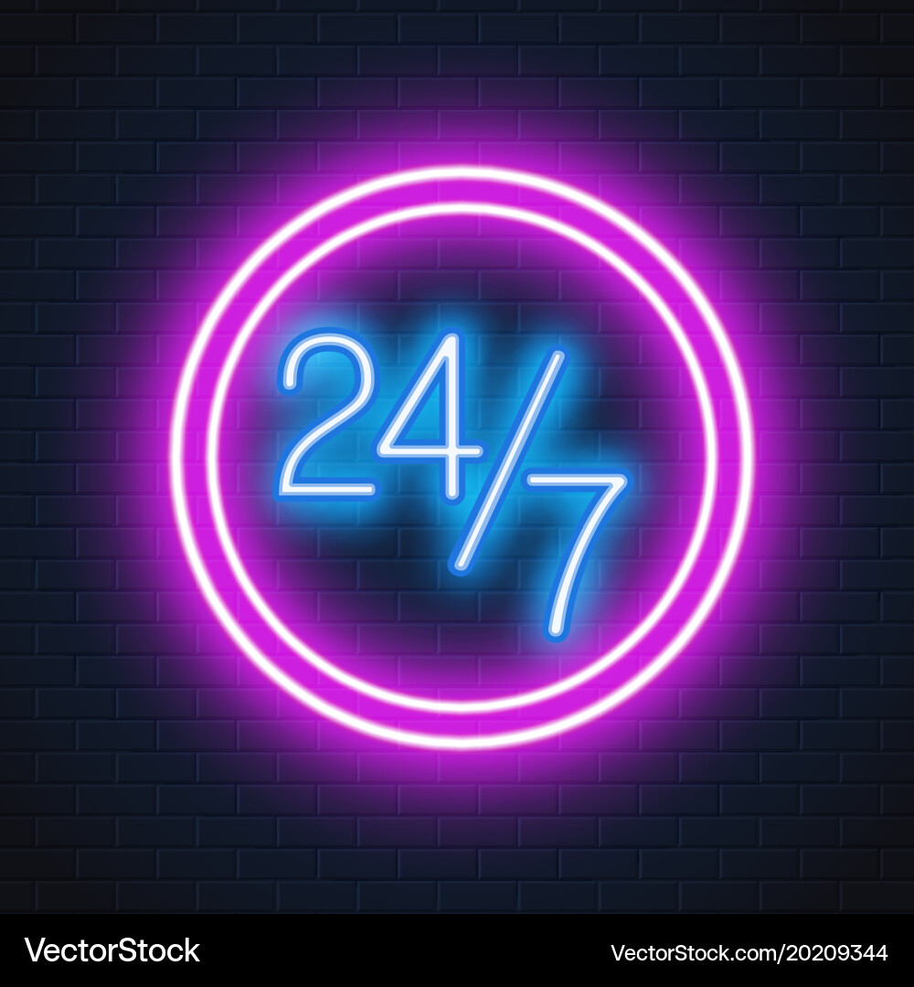 Neon 24 7 open sign brick wall Royalty Free Vector Image