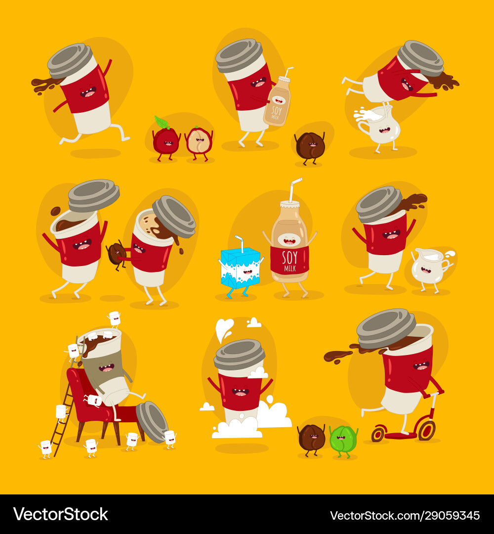 Funny set coffee stickers cup Royalty Free Vector Image