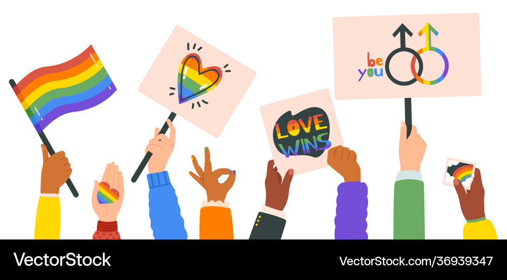 Hands holding lgbt posters people crowd Royalty Free Vector