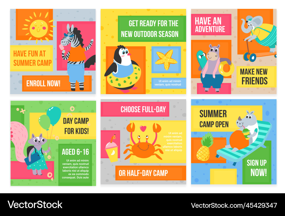 Social media post set for summer camp advertising Vector Image