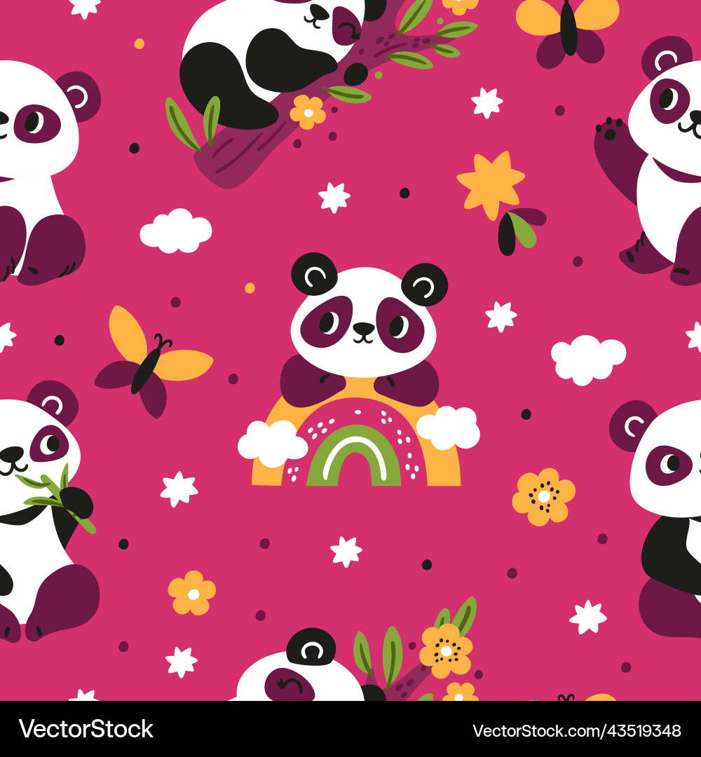Cute Panda Seamless Pattern Funny Little Chinese Vector Image