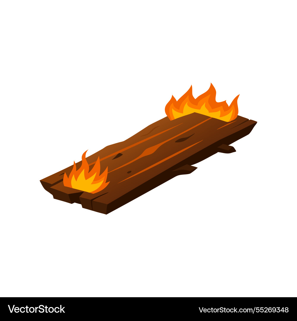 Fire on burnt wooden plank isolated flat white Vector Image