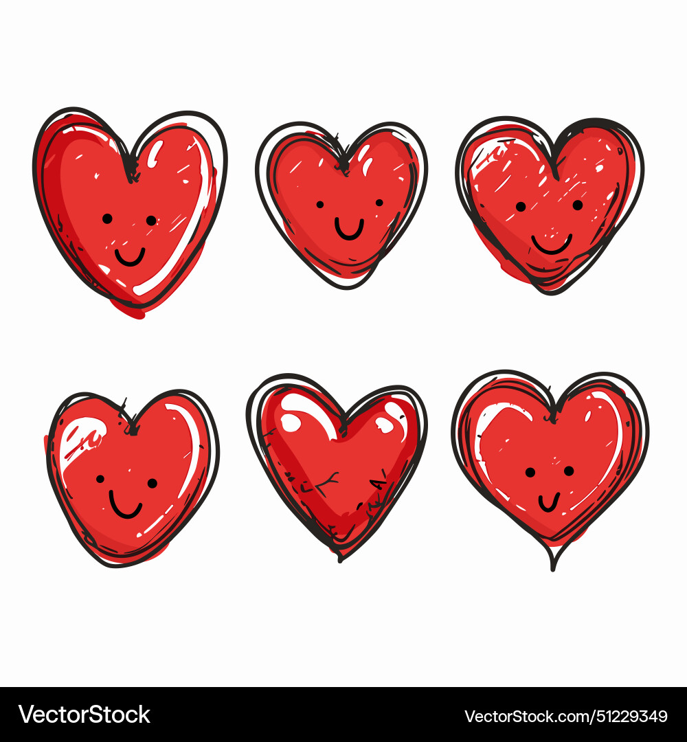 Six cute cartoon hearts smiling faces handdrawn Vector Image