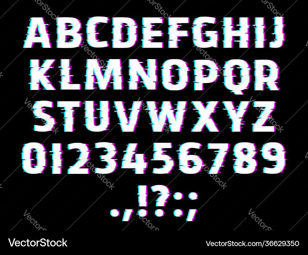 Glitch type font glowing alphabet letters Vector Image