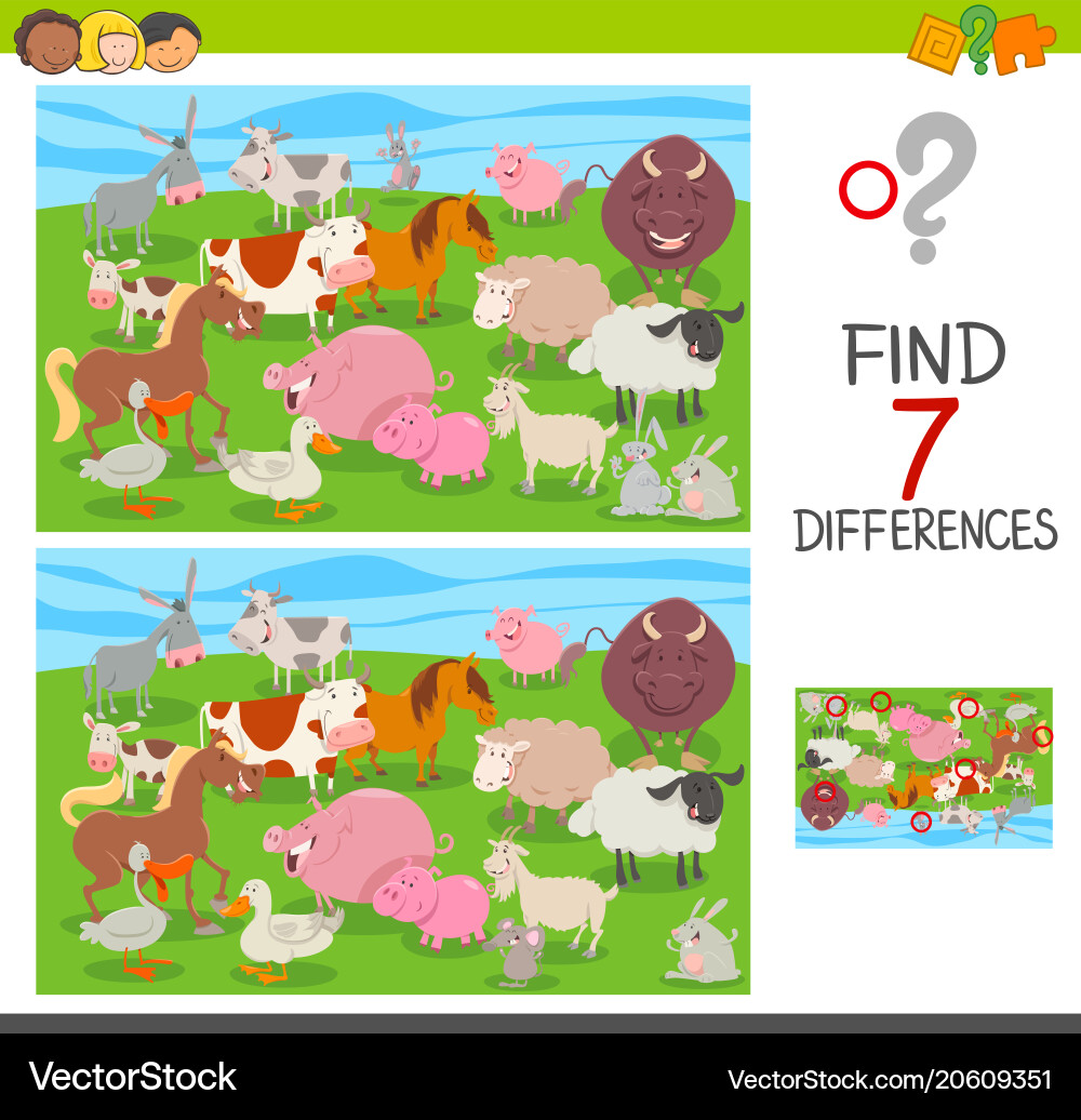 Find differences game with farm animals group Vector Image