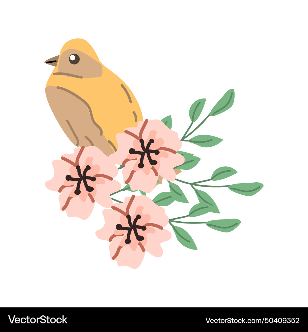 Spring bird in branch and flowers for greeting Vector Image