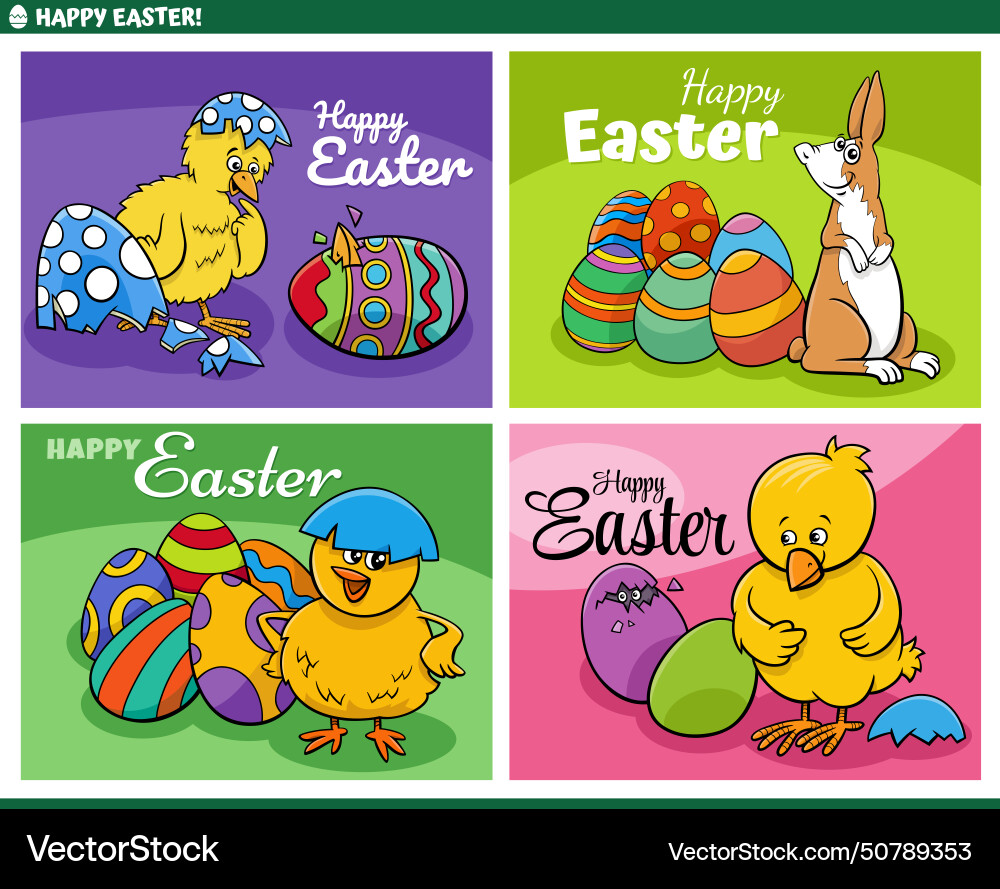 Cartoon easter greeting cards set with chicks Vector Image