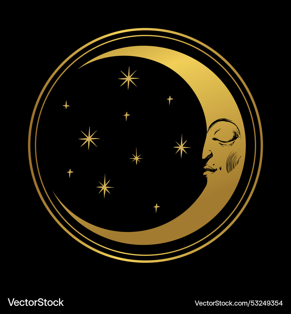 Golden crescent moon with face on black background