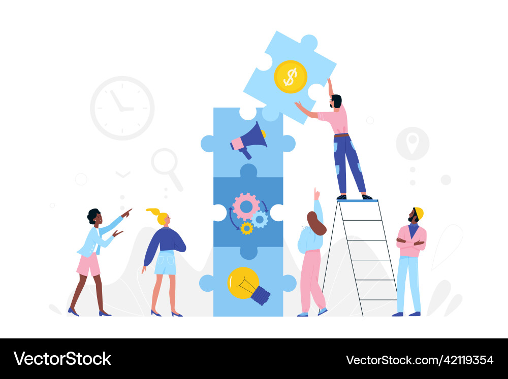 Teamwork of tiny people on business project Vector Image