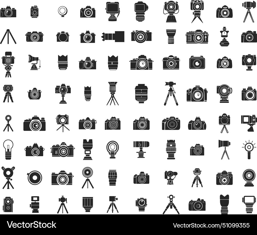 Camera icons set monochrome objectives Royalty Free Vector