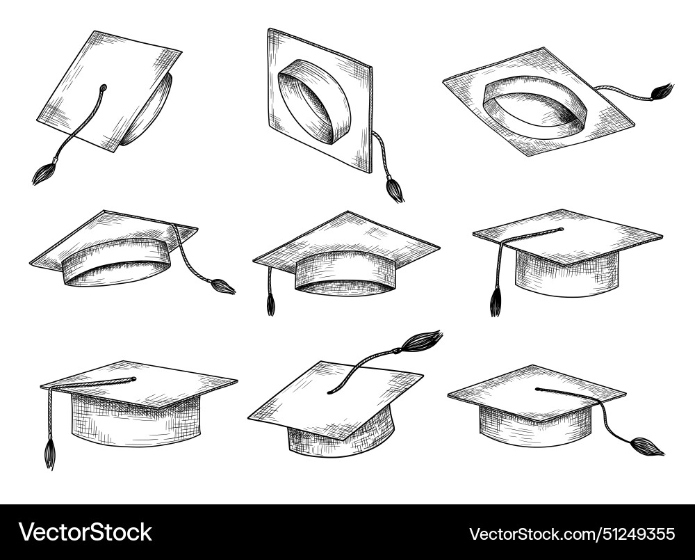 Graduate hat line sketch set hand drawn flying Vector Image