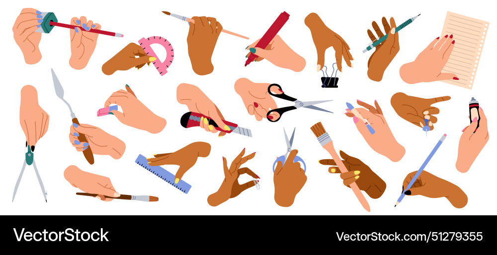 Hands holding writing supplies human arms Vector Image