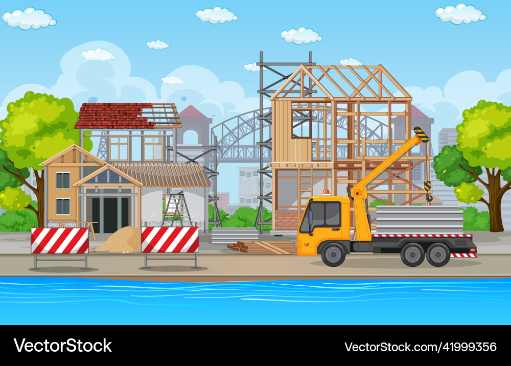 Cartoon scene of building construction site Vector Image
