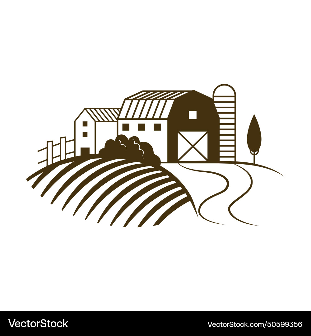 Farm landscape with road through fields to farmers