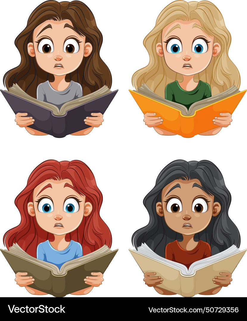 Vier Cartoons Mädchen mit verschiedenen Haarfarben