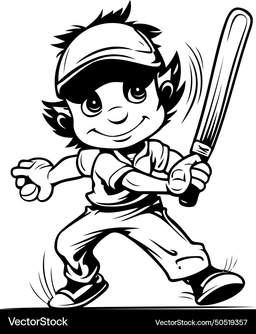 Angry boy baseball player - black and white Vector Image