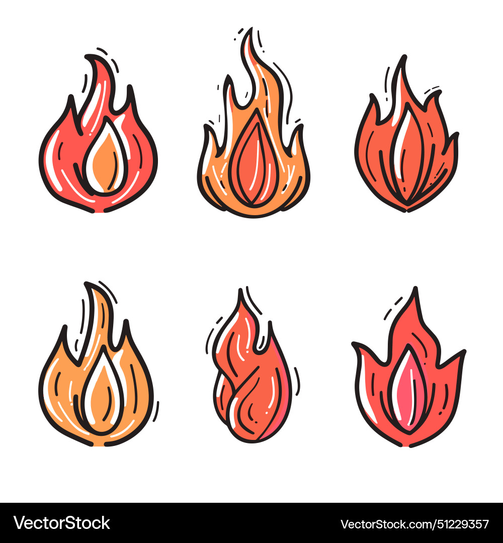Six vibrant fire flame icons presented handdrawn Vector Image
