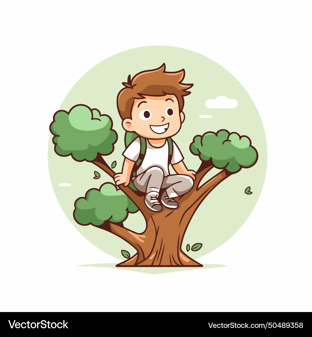 Cute little boy sitting on a tree cartoon Vector Image