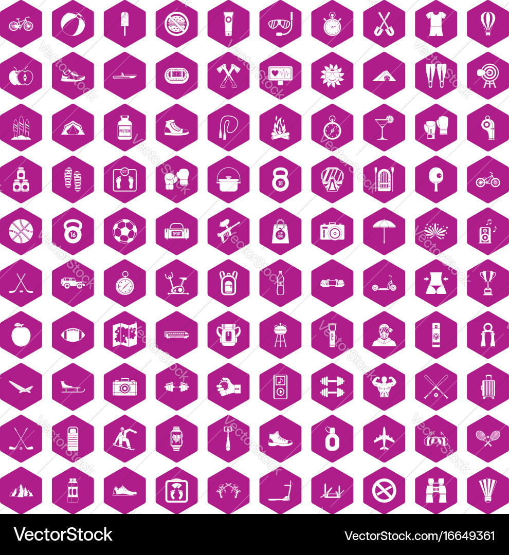 100 active life icons hexagon violet Royalty Free Vector