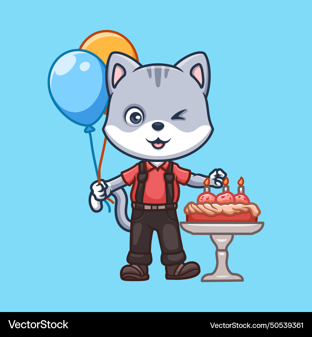 Birthday grey cat cartoon Royalty Free Vector Image