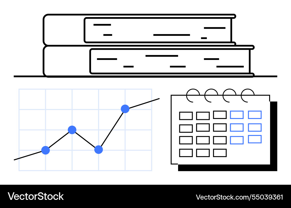 Books with growth chart and calendar representing Vector Image