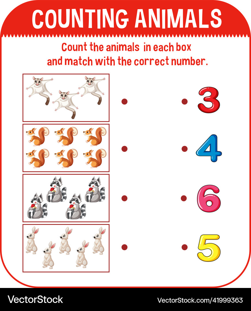 Worksheet design for counting animals Royalty Free Vector