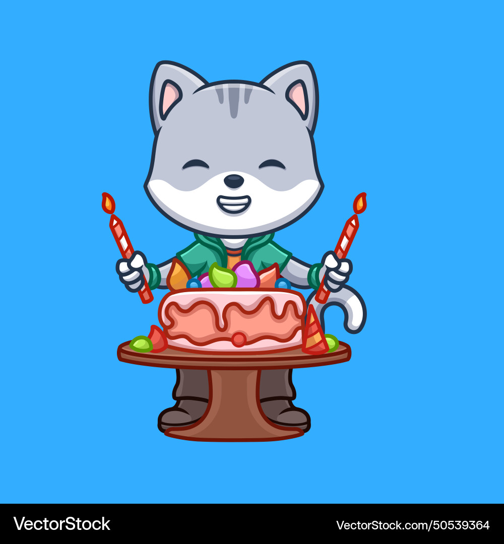 Birthday grey cat cartoon Royalty Free Vector Image