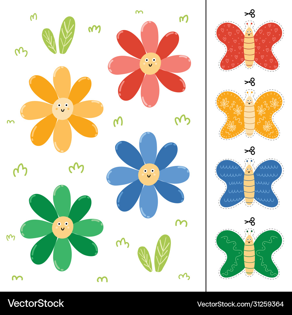 Color Matching Flowers & Butterflies Vector Image