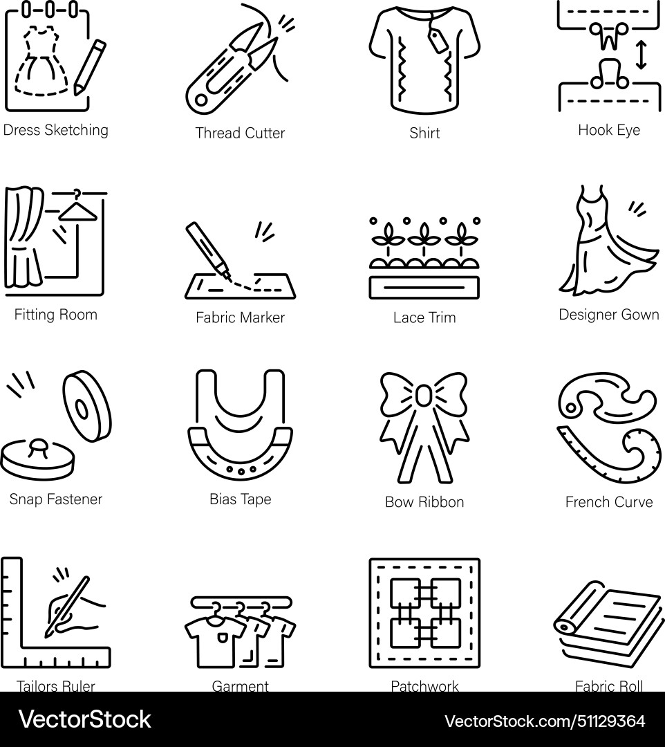 Set of sewing essentials linear icons Royalty Free Vector