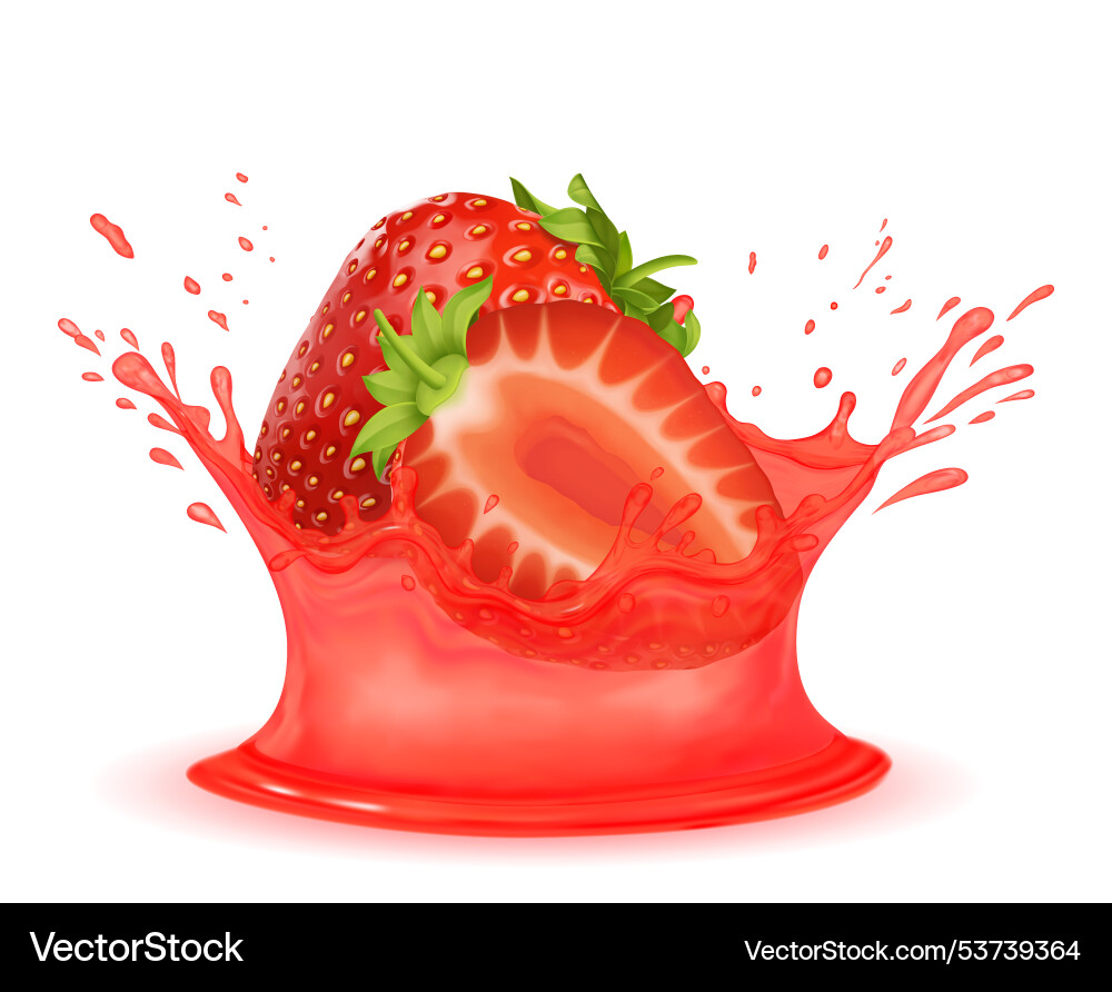 Whole and sliced strawberry falling into a splash Vector Image