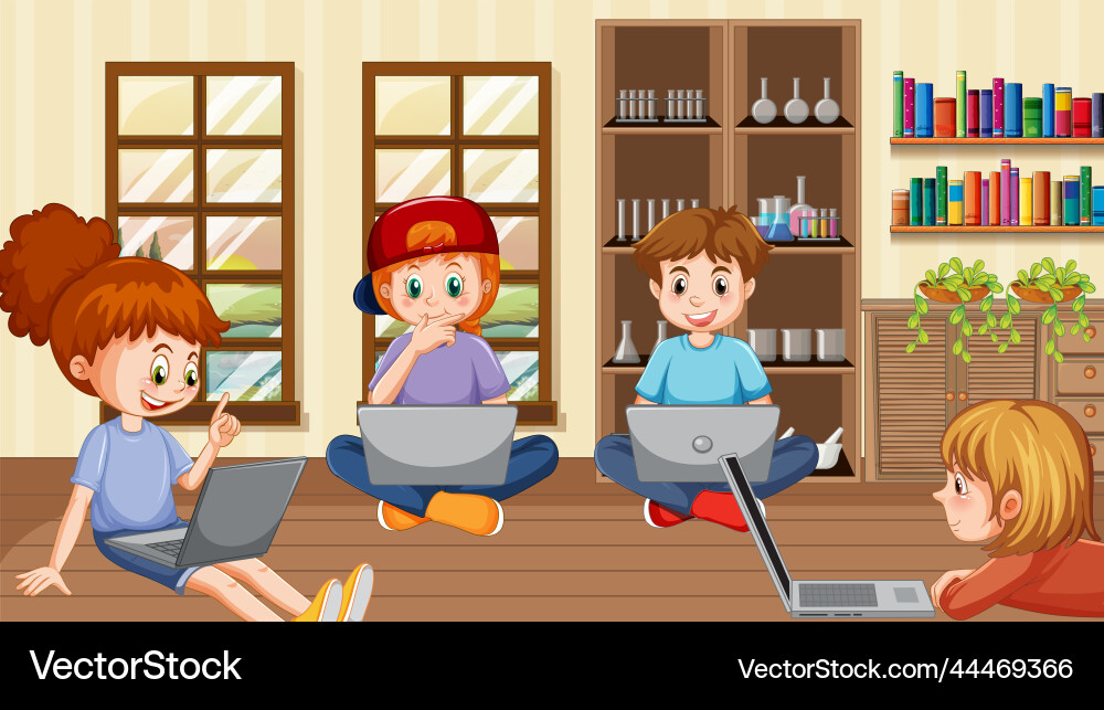 Children using technology devices at home Vector Image