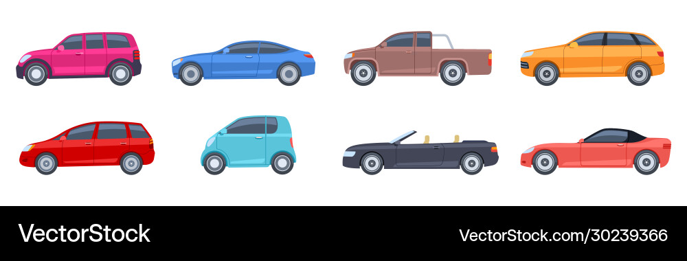 Flat cars view side automobiles model Royalty Free Vector